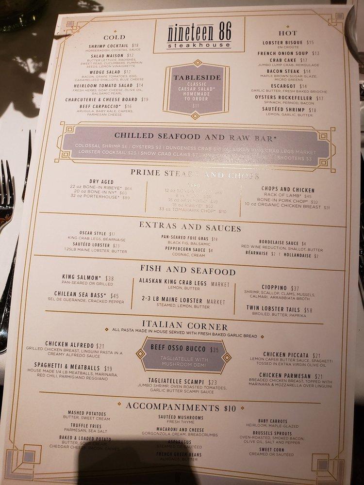 Menu at Nineteen 86 Steakhouse, Glendale