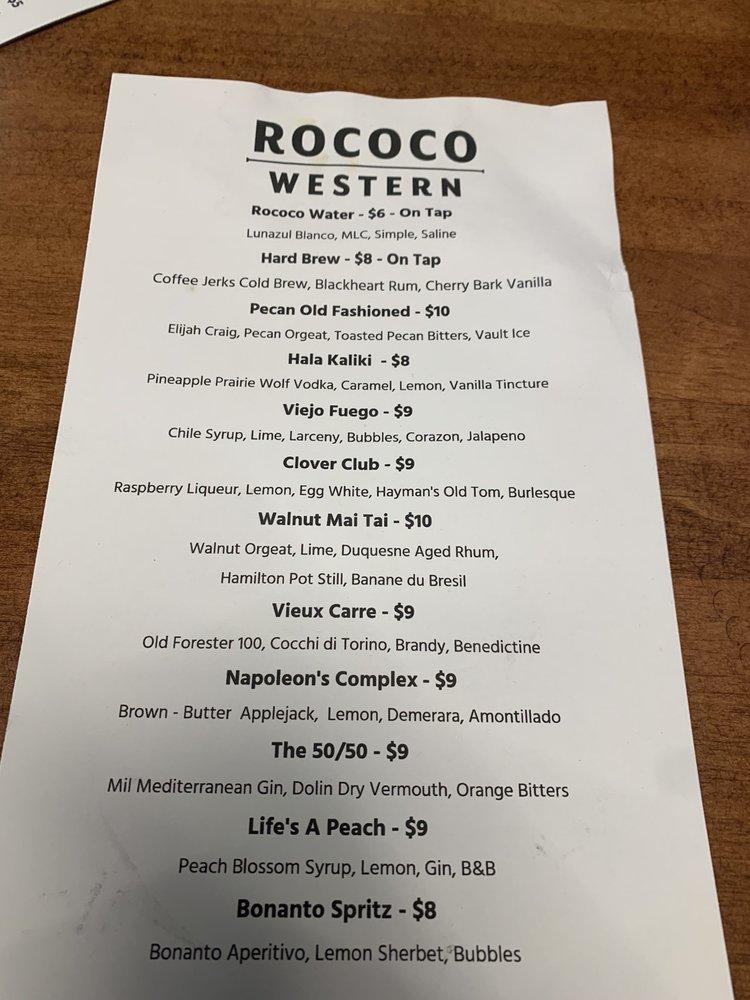 Menu at Rococo on Western restaurant, Oklahoma City, N Western Ave