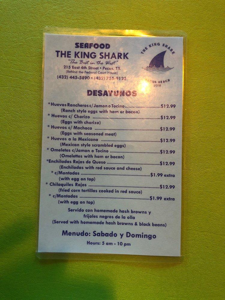 Menu at The King Shark Seafood and Mexican kitchen restaurant, Pecos