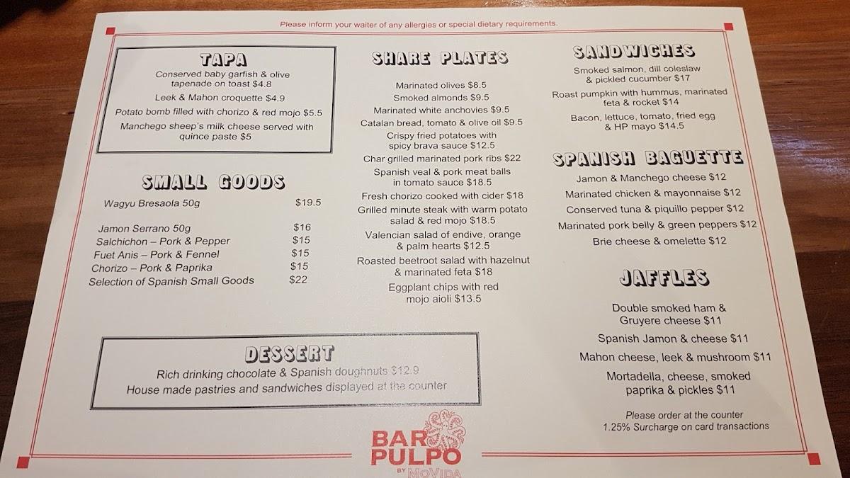 Menu at Bar Pulpo by MoVida, Melbourne Airport