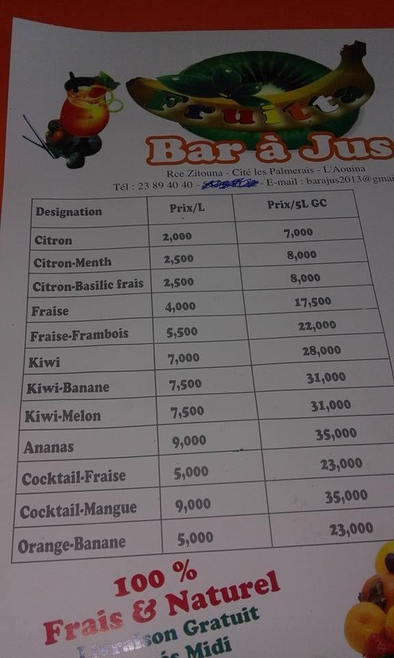 Menu at Bar à Jus, Tunis