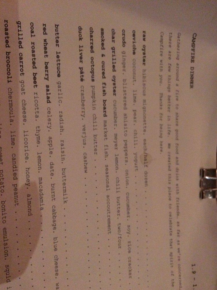 Menu at Campfire restaurant, Carlsbad