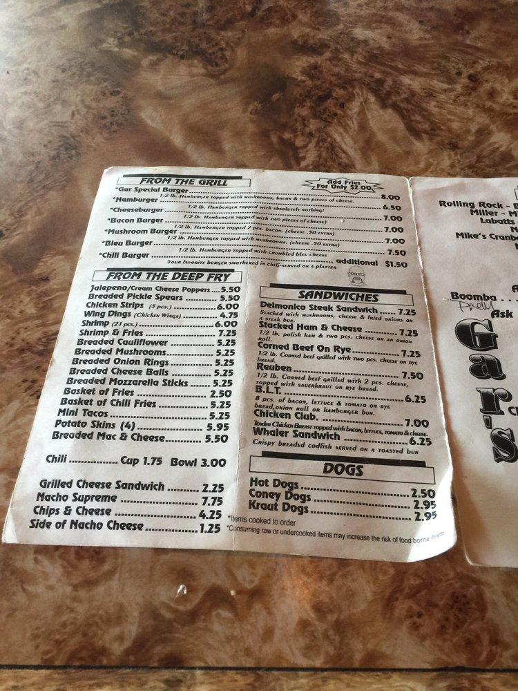 Menu at Gar's Lounge restaurant, Marine City