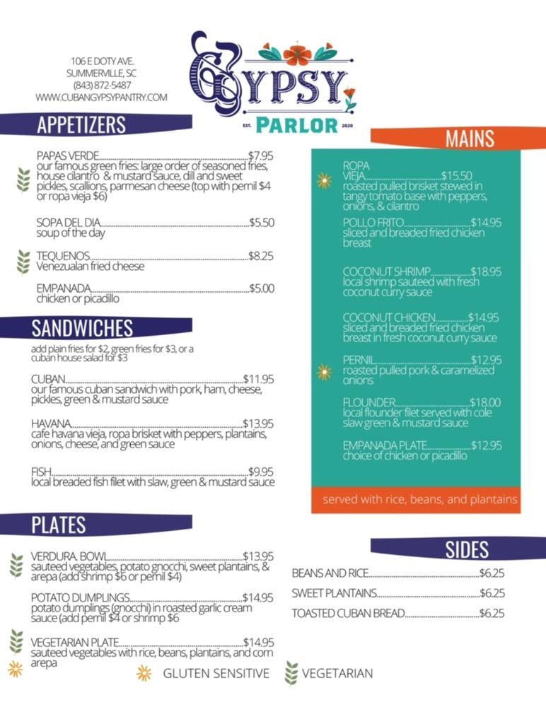 Menu at Gypsy Pantry Parlor - Summerville pub & bar, Summerville