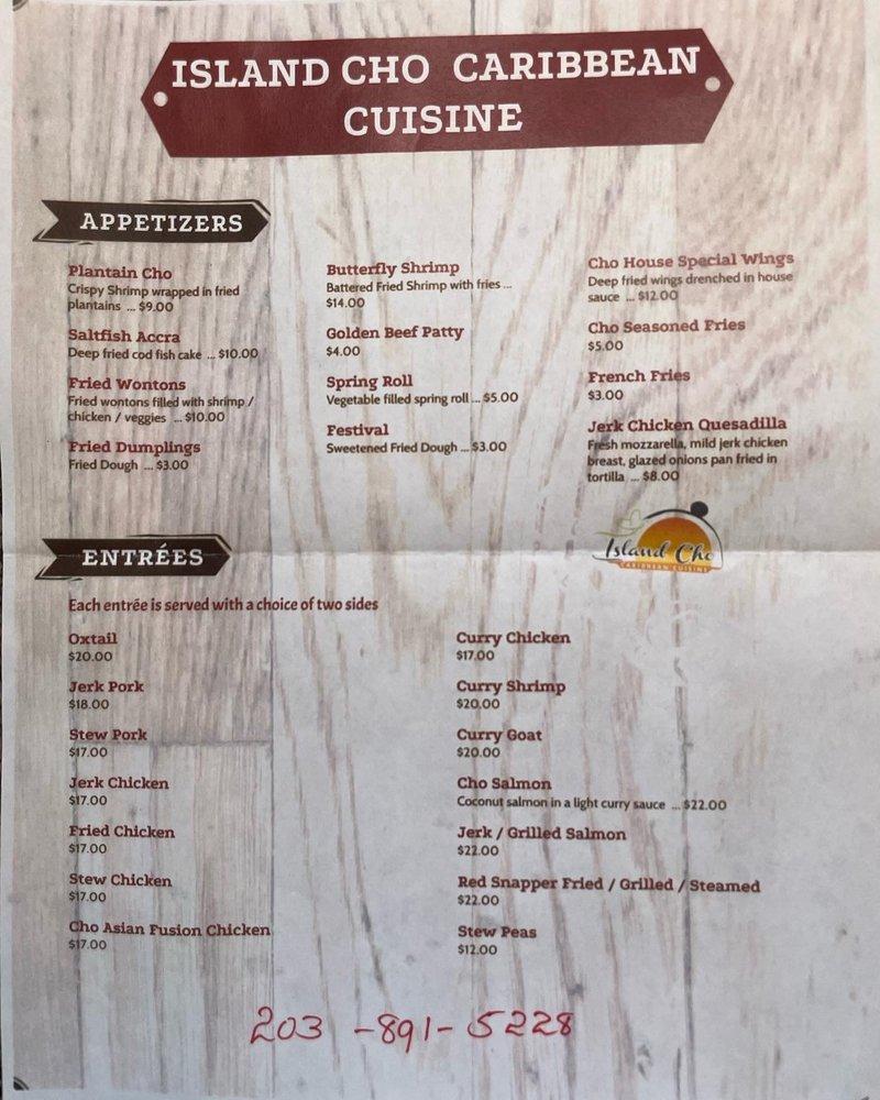Menu at Island Cho Caribbean Cuisine restaurant, North Haven