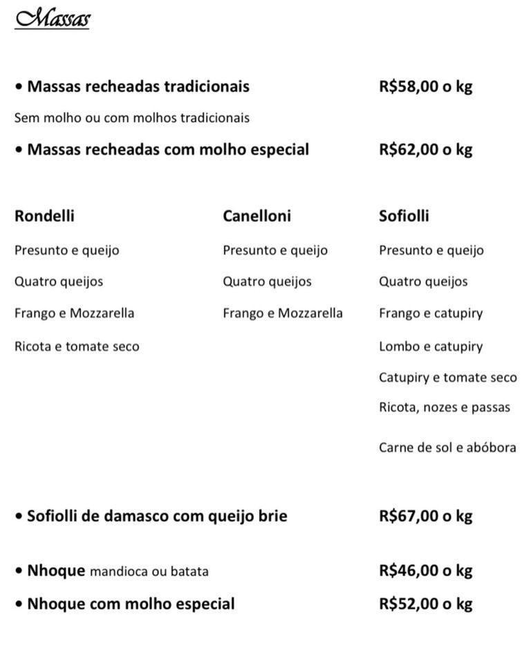 Menu at Massa Pura Sabores restaurant, Campo Grande, Rua 25 de Dezembro