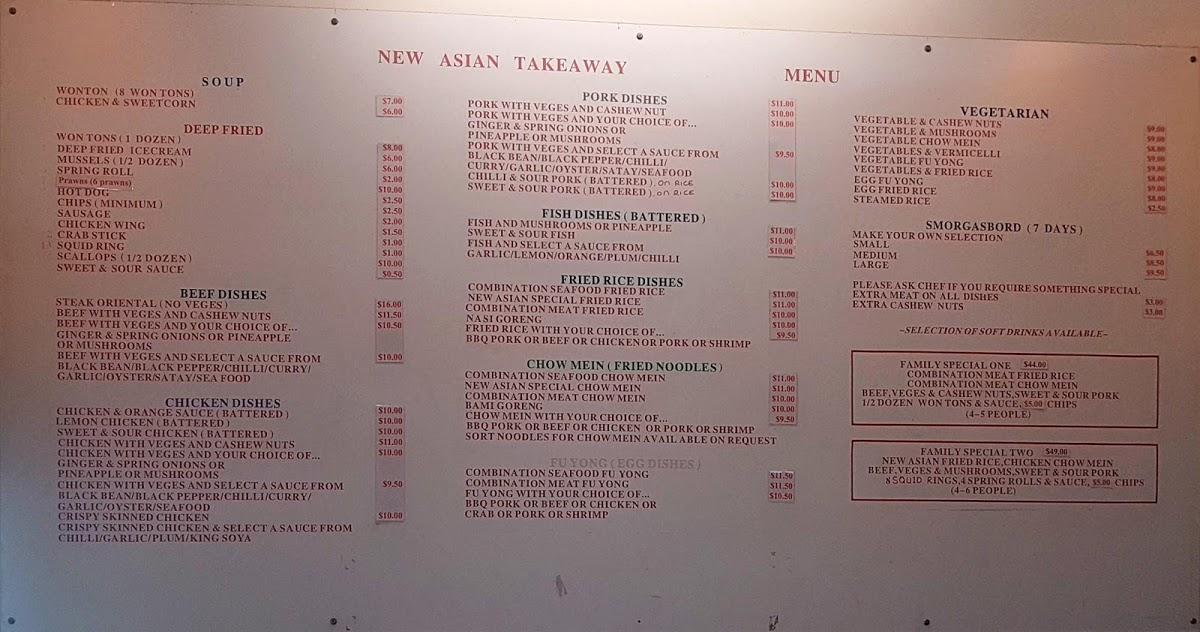 Menu at New Asian Restaurant, Dargaville
