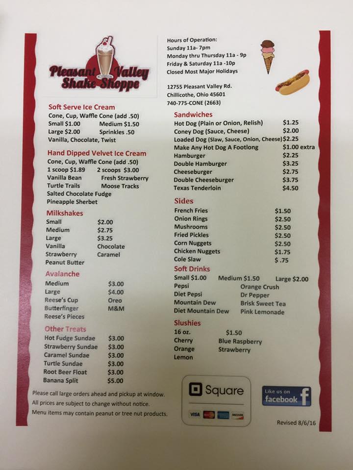 Menu at Pleasant Valley Shake Shoppe restaurant, Chillicothe