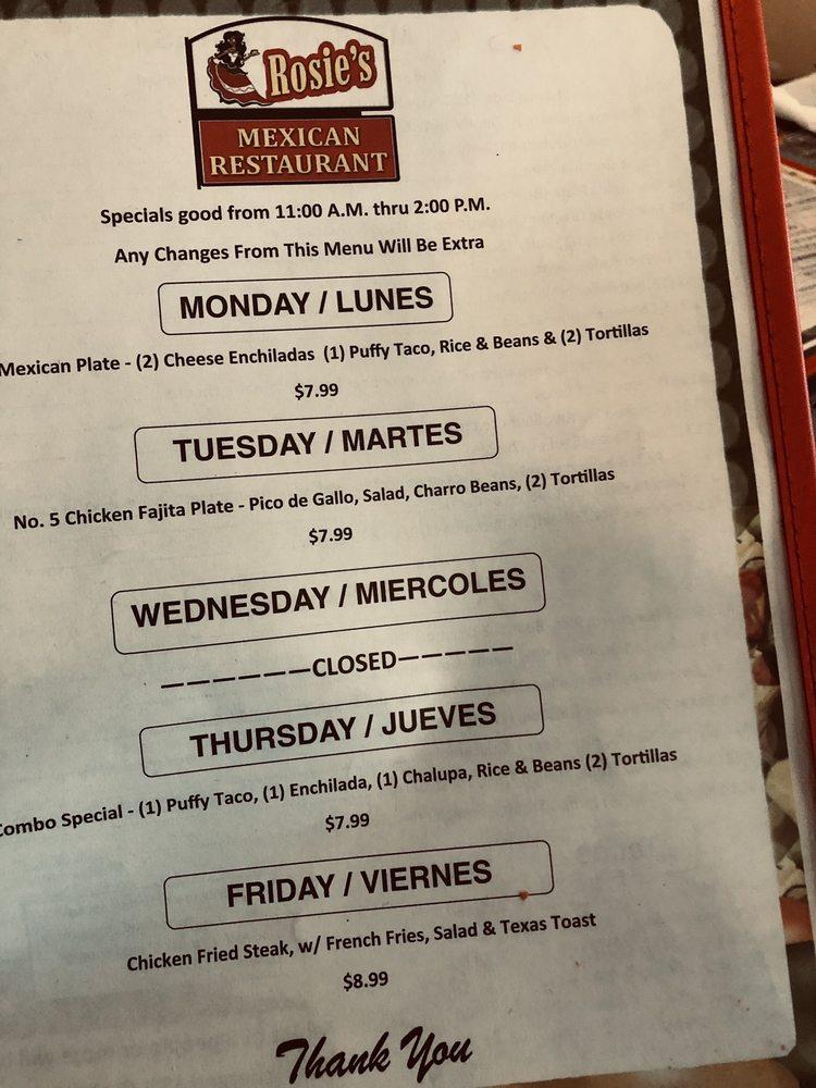 Menu at Rosie's Mexican Restaurant, Cuero