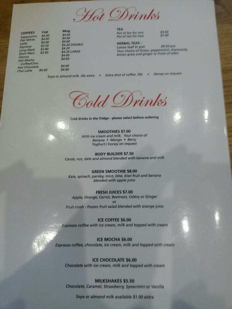 Menu at The Millie cafe, Cable Beach