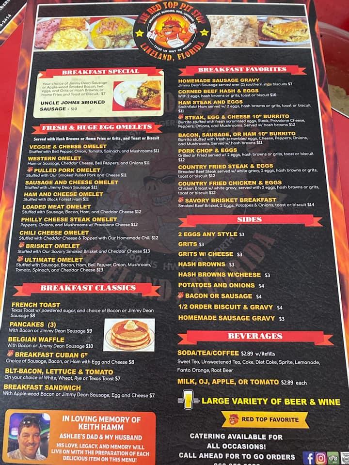 Menu at The Red Top Pit Stop BBQ, Lakeland, US Hwy 98 N