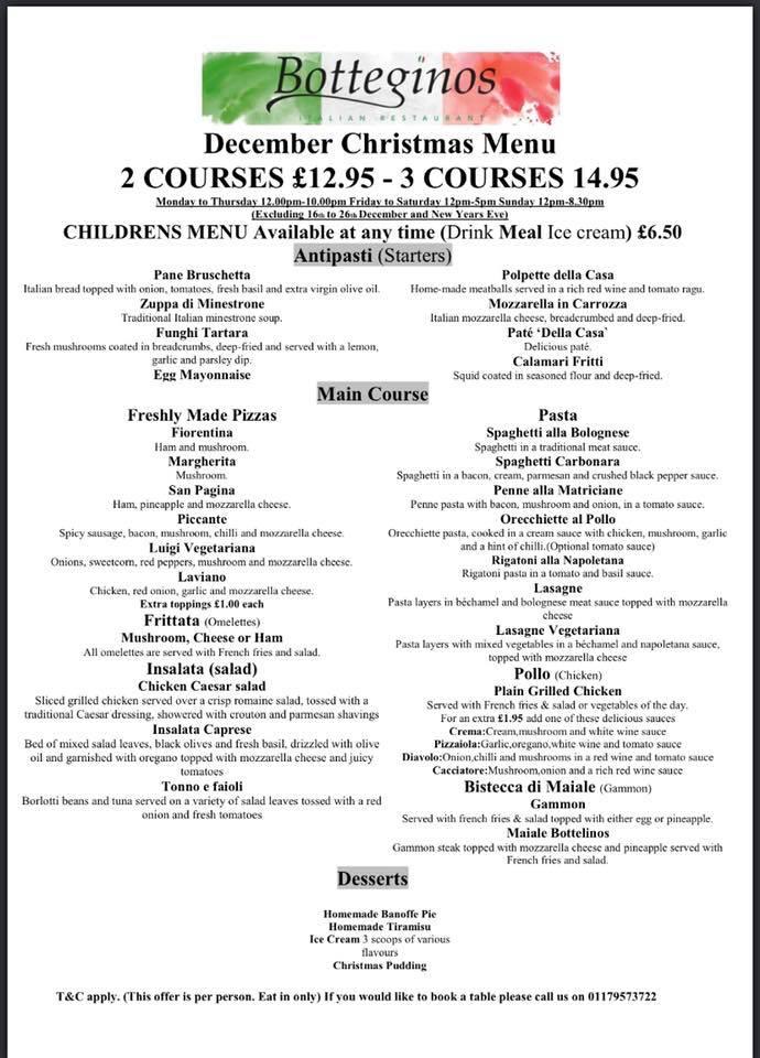 Menu at Bottegino's restaurant, Emersons Green, Emerson Way