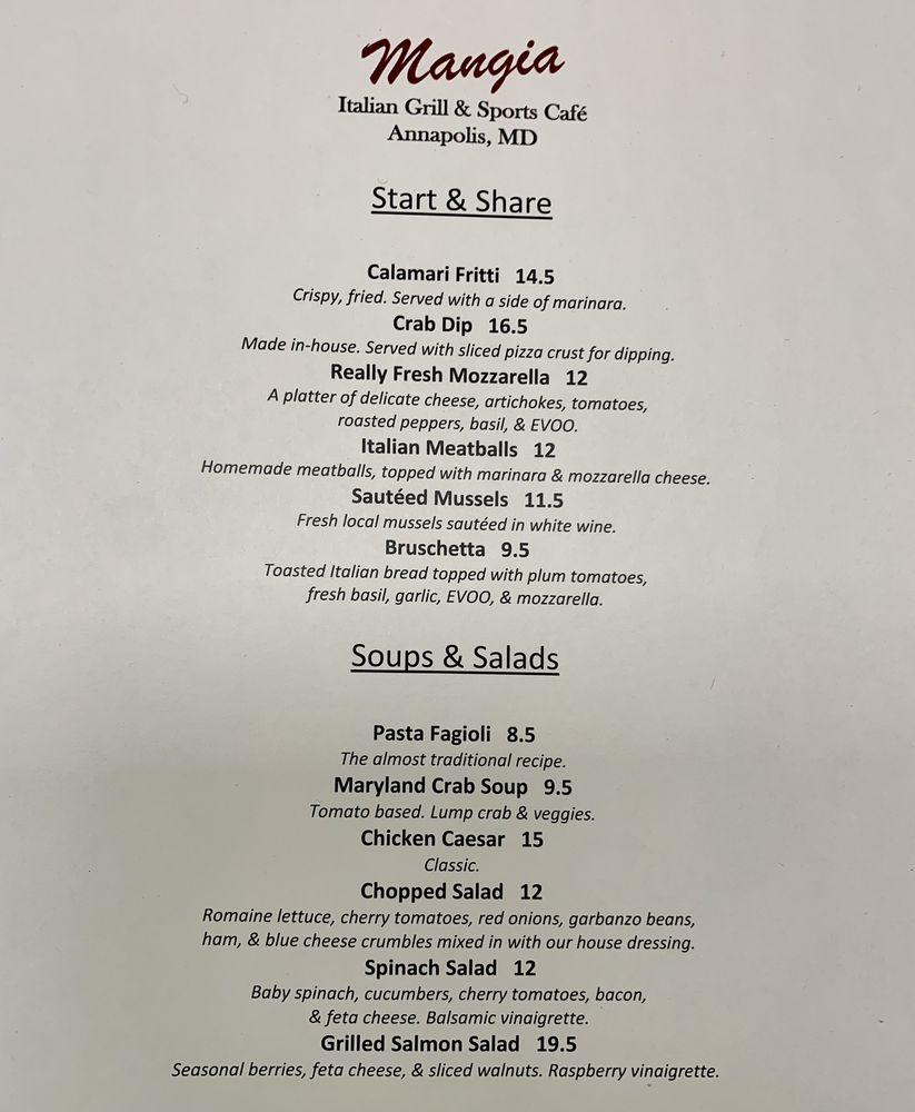 Menu at Mangia - Italian Grill & Sports Bar, Annapolis