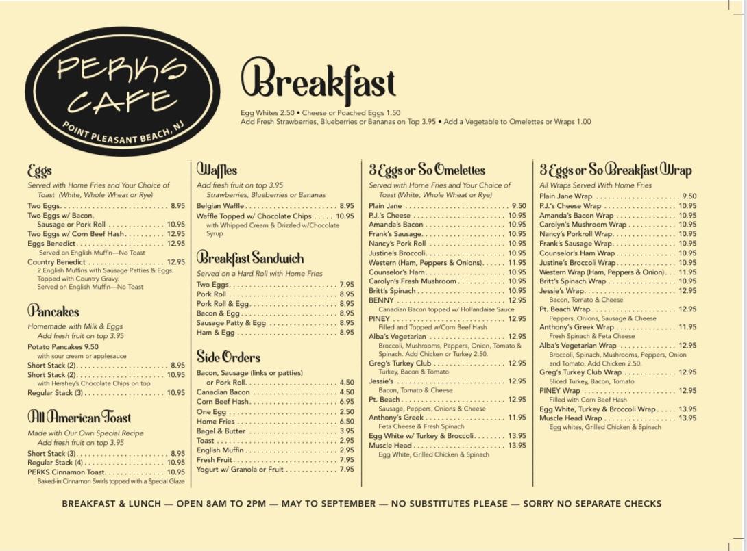 Menu at Perks Cafe, Point Pleasant Beach, 303 Ocean Ave N