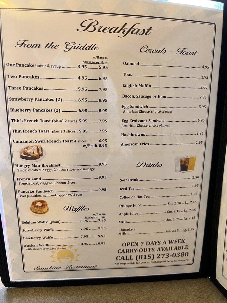 Menu at Sunshine Restaurant, Savanna