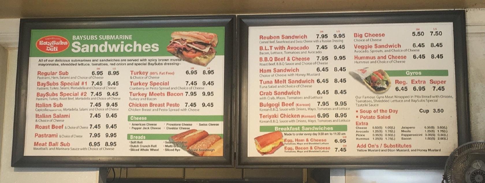 Menu at Bay Subs & Deli restaurant, San Francisco