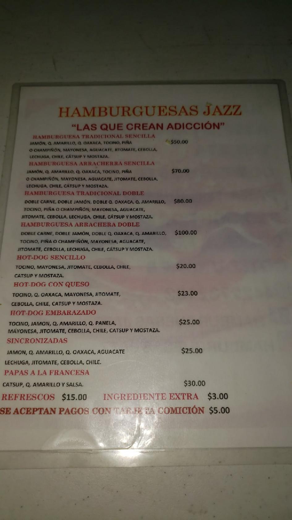 Menu at Hamburguesas Jazz restaurant, Santiago de Querétaro