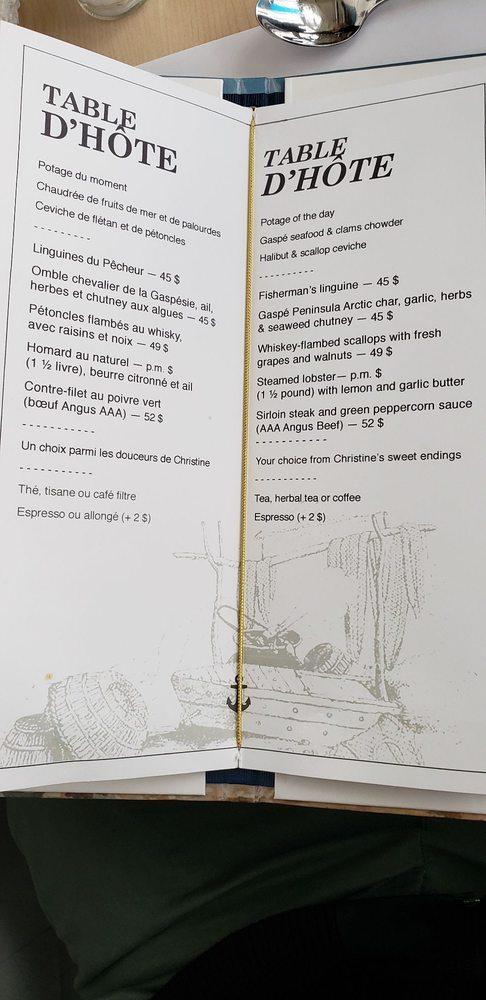Menu au La Maison du Pêcheur restaurant, Percé
