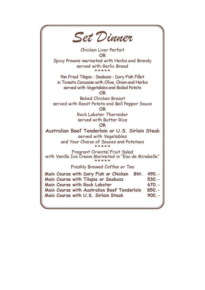 Menu at Louis restaurant, Pattaya City