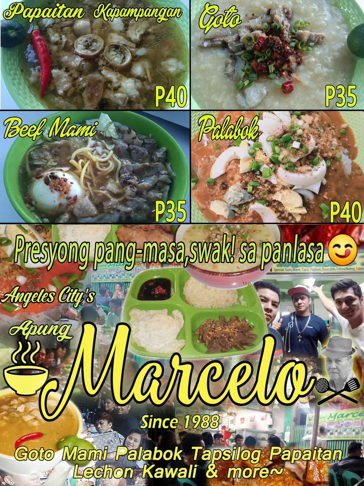 Menu at Marcelo Tapsi Lugaw restaurant, Angeles