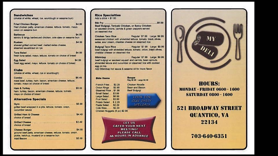Menu at My Deli restaurant, Quantico
