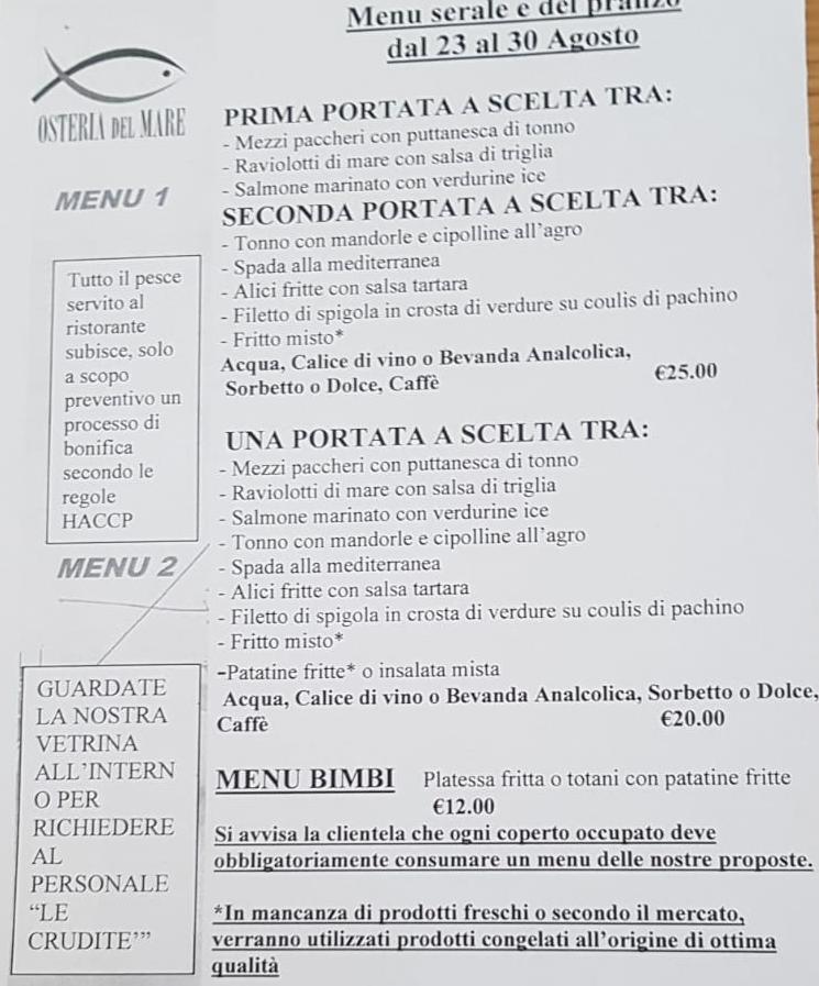 Carta del restaurante Osteria Del Mare, Calambrone