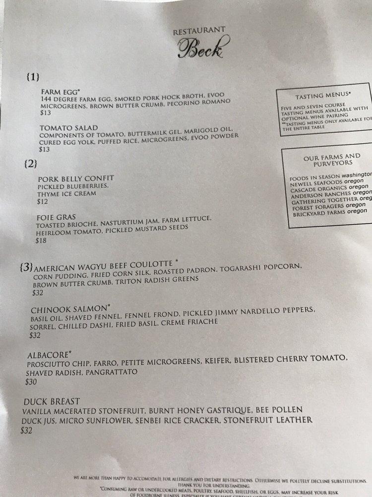 Menu at Restaurant Beck, Depoe Bay, US-101