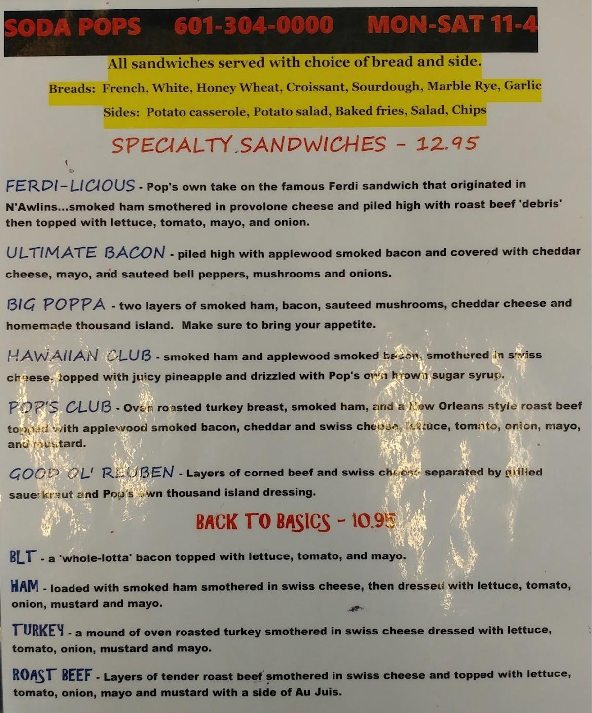 Menu at Soda Pops restaurant, Natchez, 352 John R Junkin Dr # 116