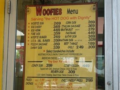 Menu at Woofies Hot Dogs restaurant, Overland