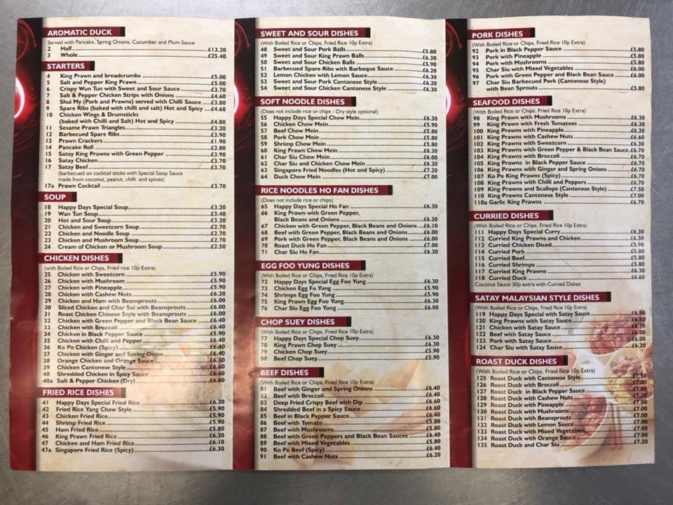 Menu at Happy Days Carryout restaurant, Kirkcaldy