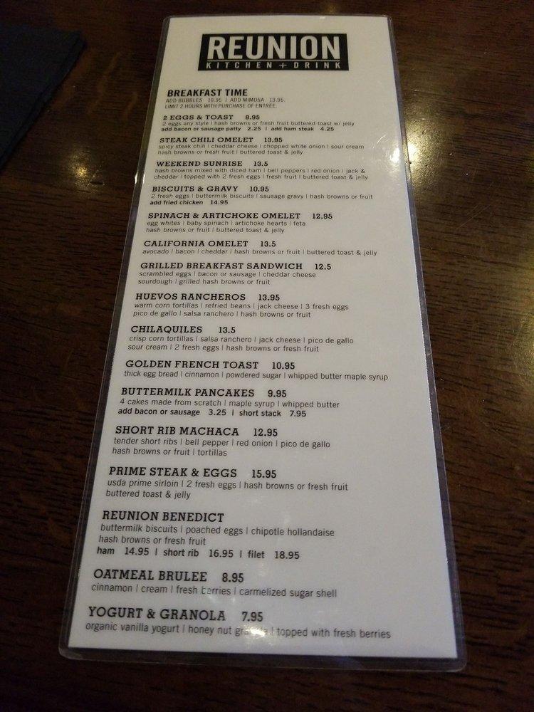 Menu at Reunion Kitchen + Drink restaurant, Laguna Beach