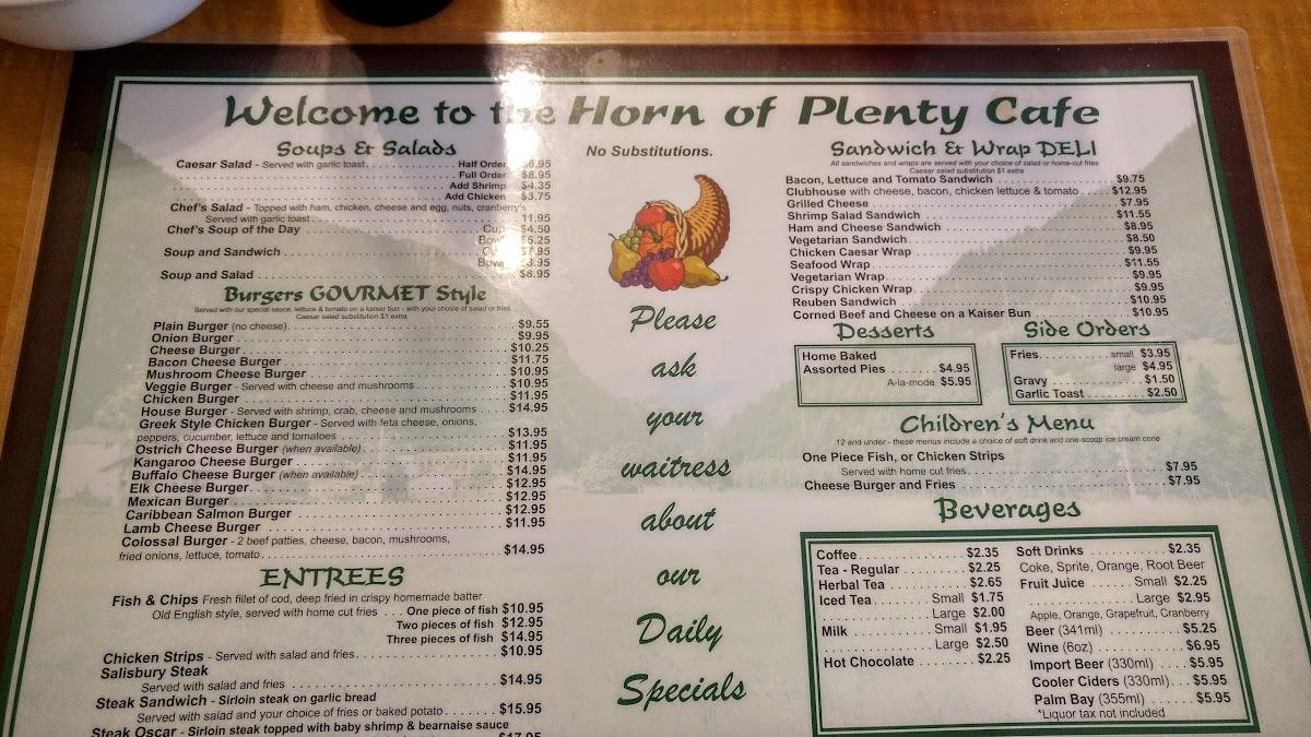 Menu at The Horn Of Plenty Café, Agassiz, Pioneer Ave