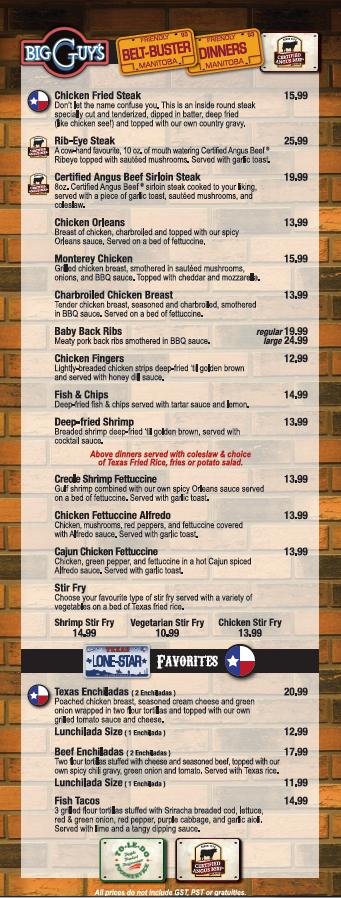 Menu at Big Guy's Ranch & Saloon pub & bar, Winnipeg