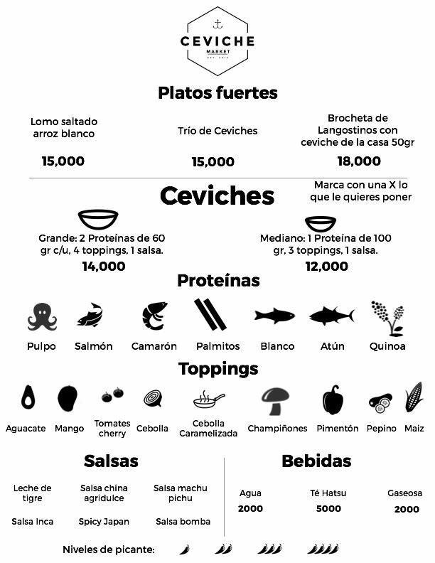 Menu at Ceviche Market restaurant, Bogotá