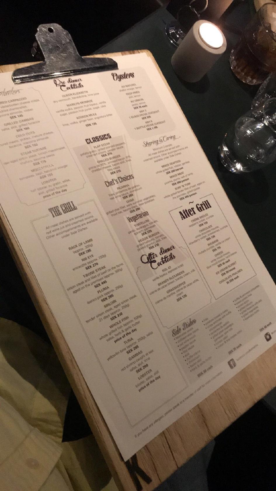 Menu at Kol & Cocktails restaurant, Malmö