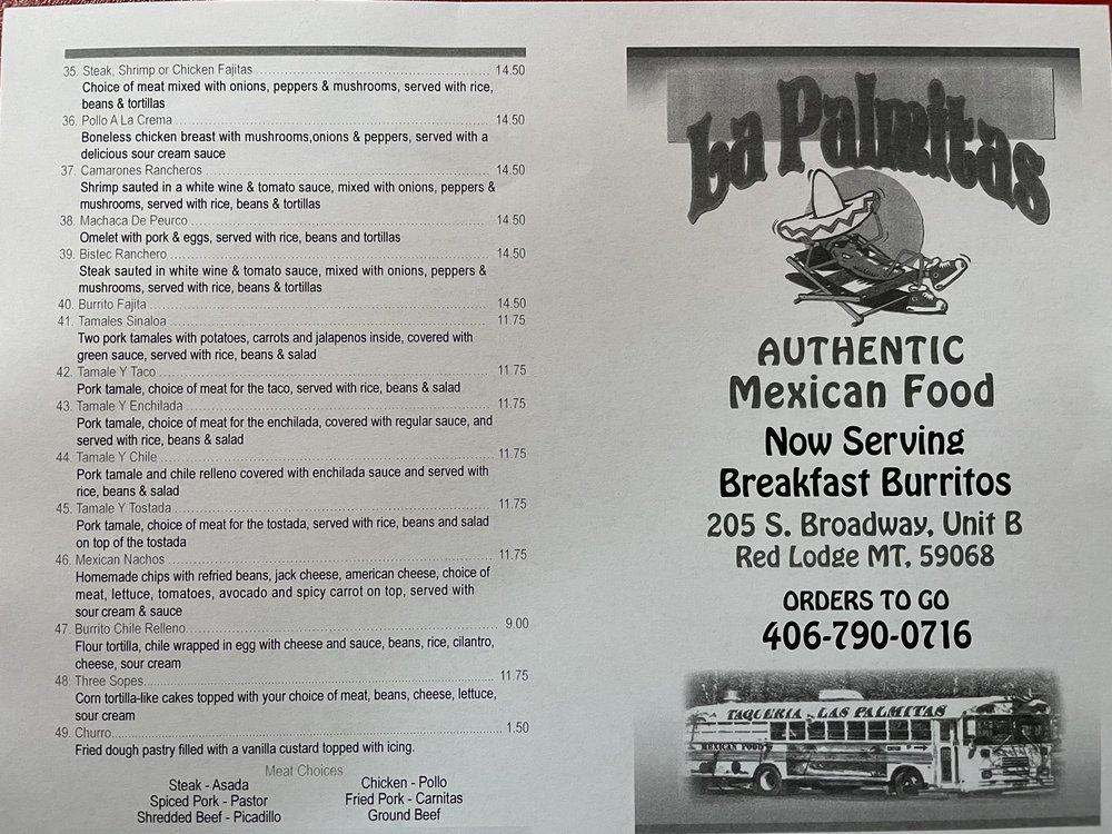 Menu at Las Palmitas restaurant, Red Lodge