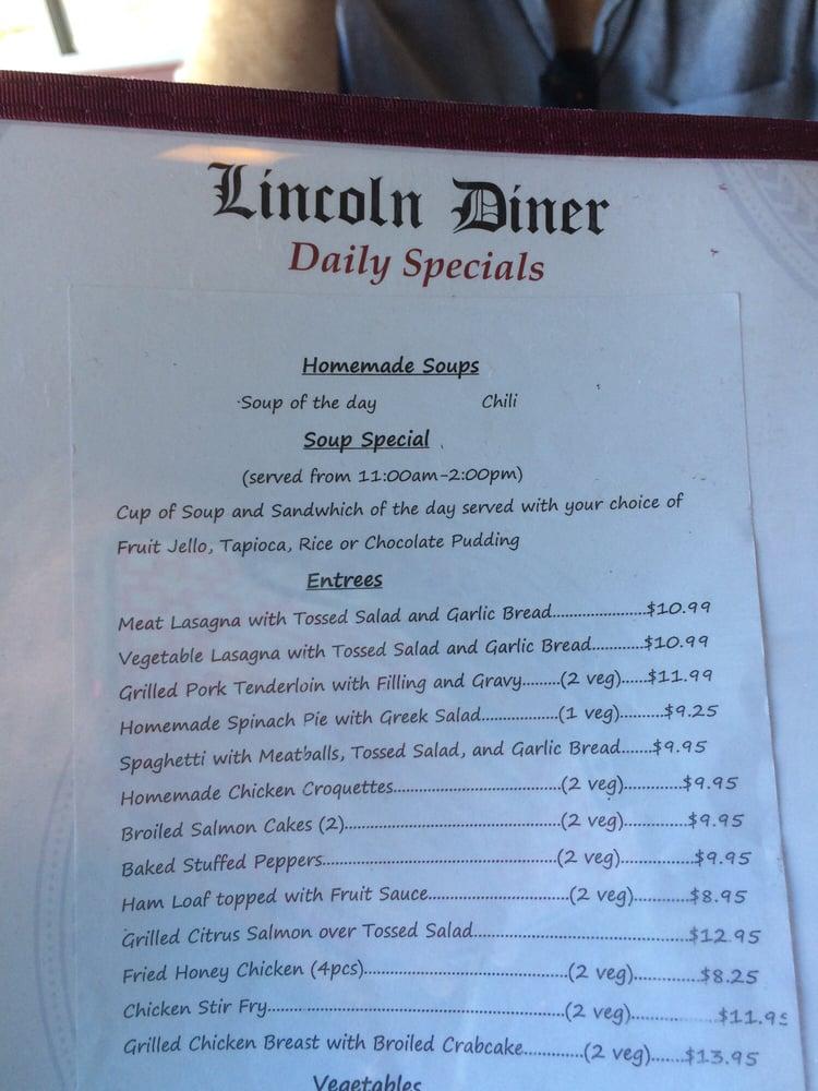 Menu at Lincoln Diner restaurant, Gettysburg