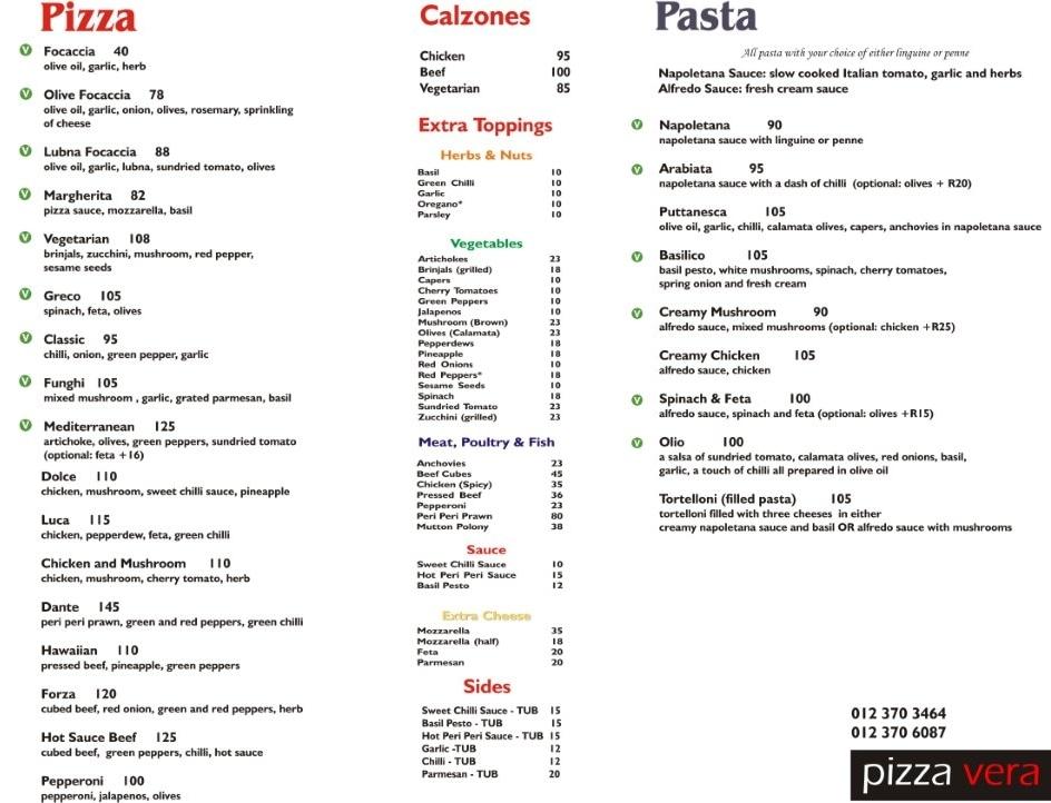 Menu at Pizza Vera restaurant, Centurion