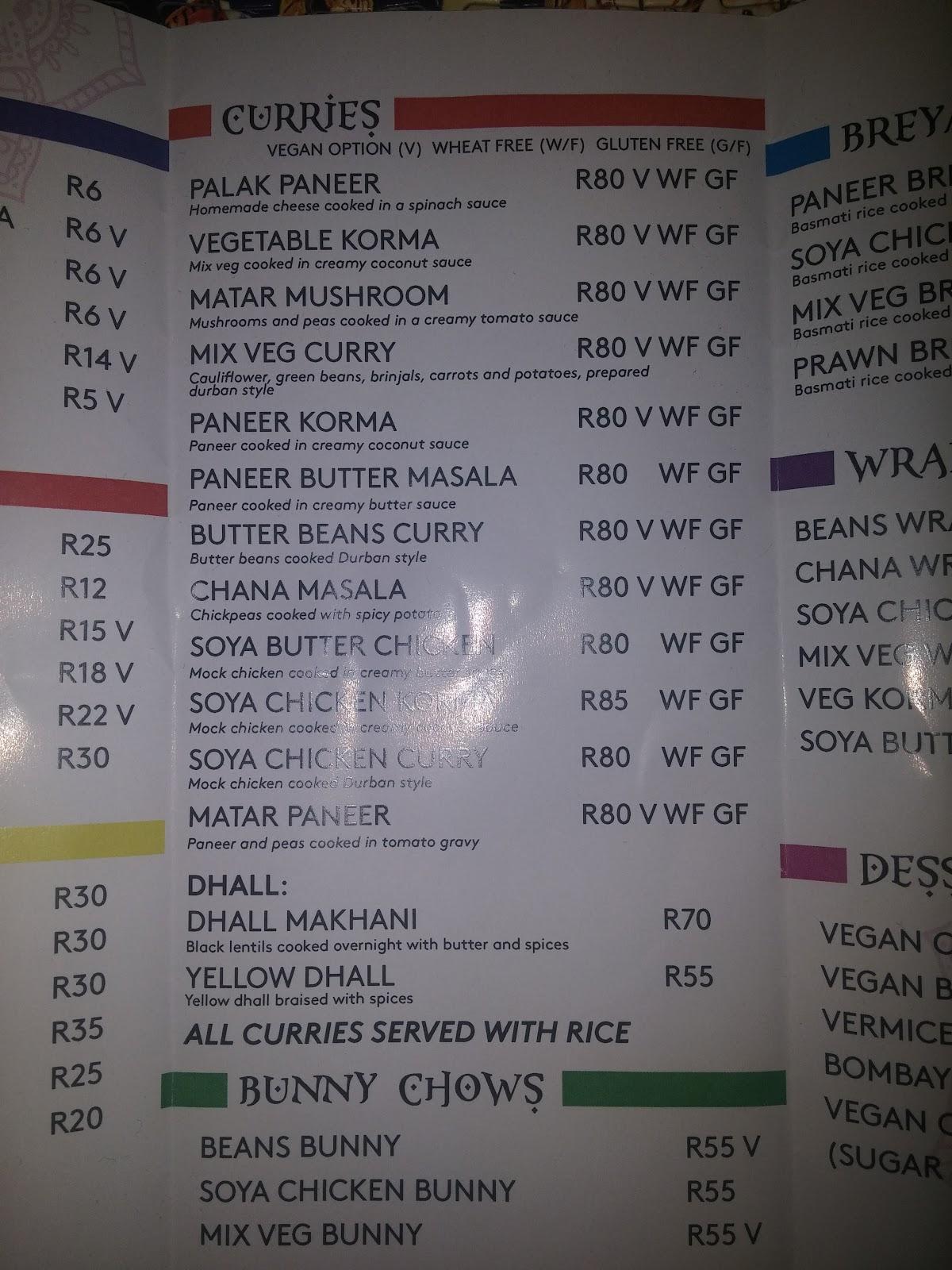 Menu at Prashad Café (Kloof Street) cafe, Cape Town