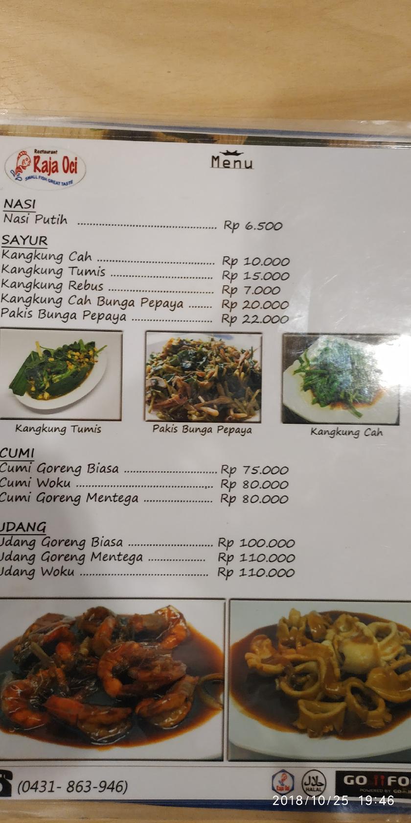 Menu at Raja Oci Restaurant, Manado, Jl. Jendral Sudirman No.85