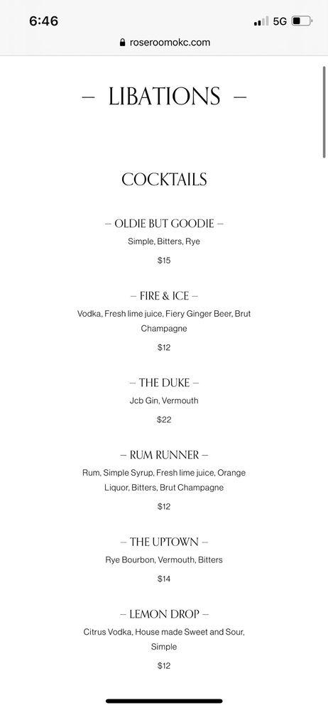Menu at Rose Room pub & bar, Oklahoma City