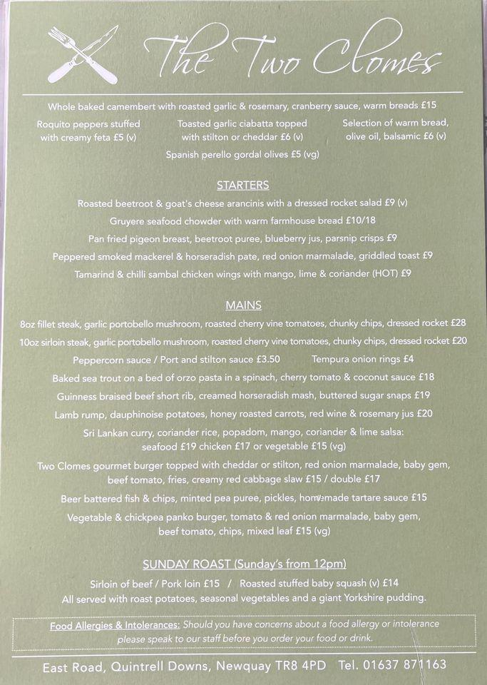 Menu at The Two Clomes pub & bar, Newquay