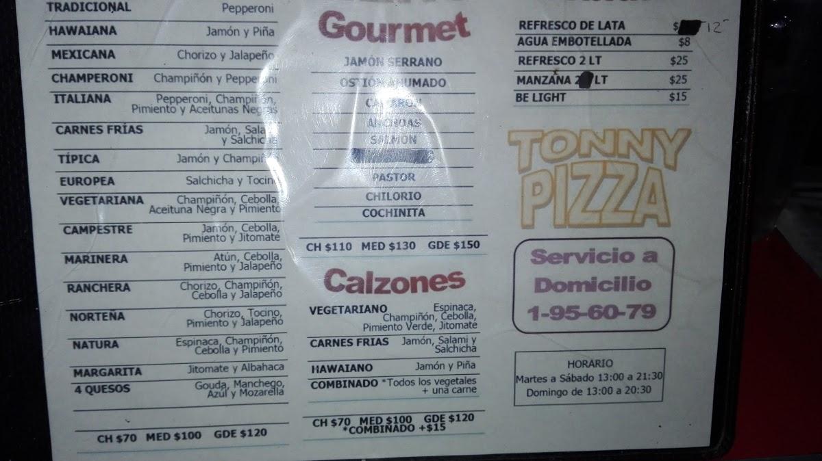 Menu at Tony Pizza restaurant, Mexico