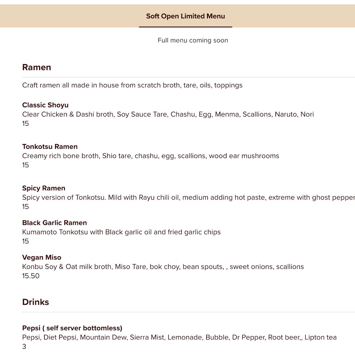 Menu at hana ramen bar, Park City