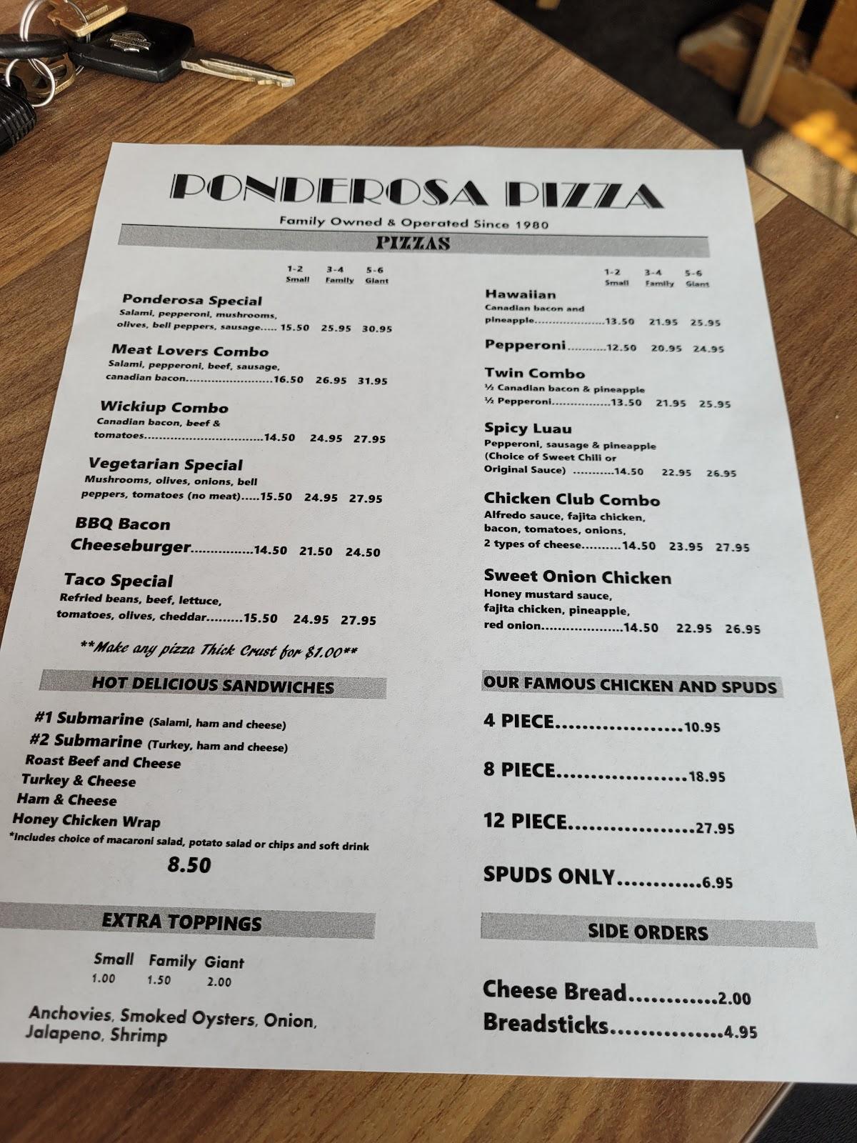 Menu at Ponderosa Pizza Parlor pizzeria, La Pine