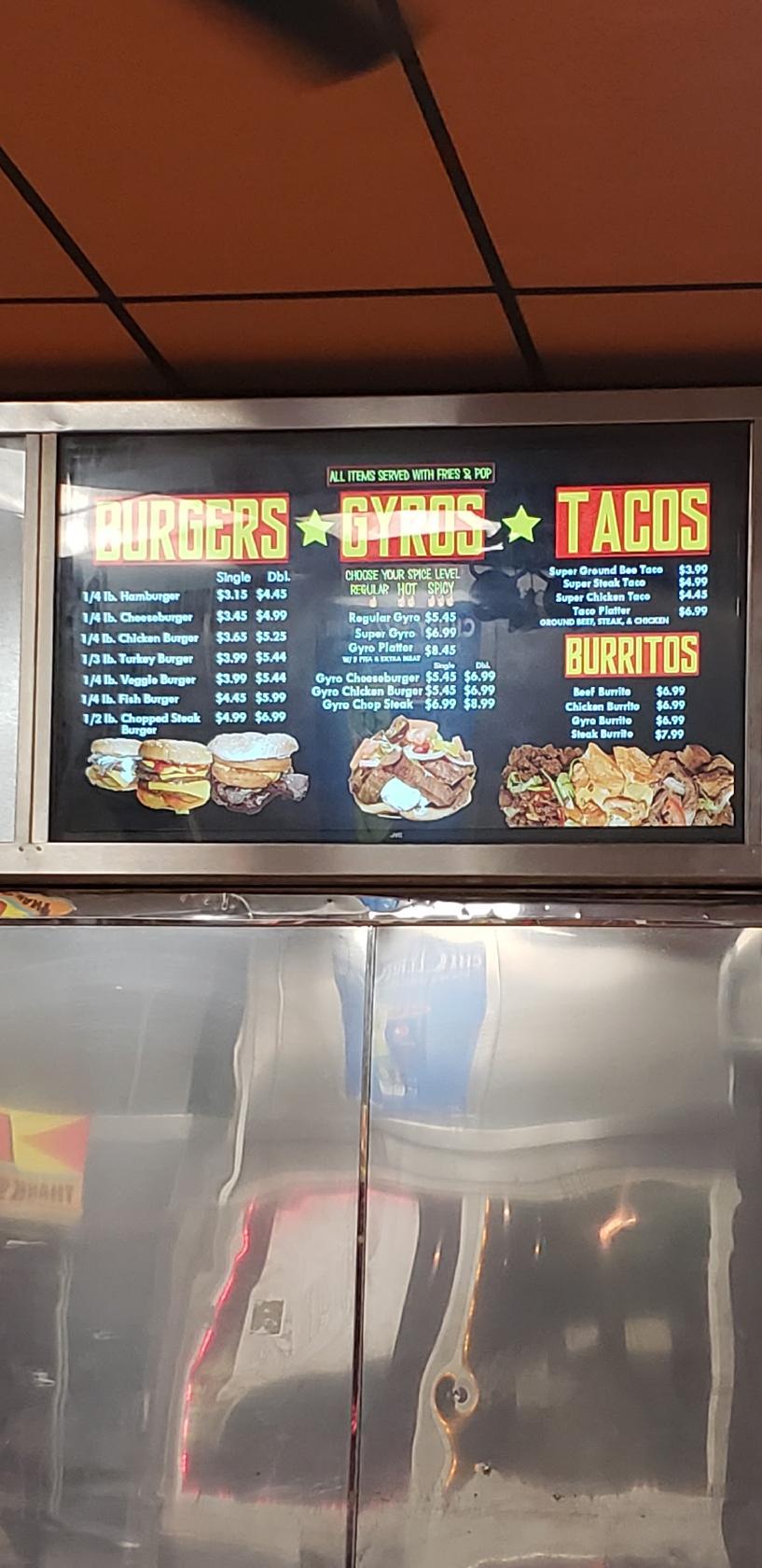 Menu at Star Gyros fast food, Chicago, Roosevelt Rd
