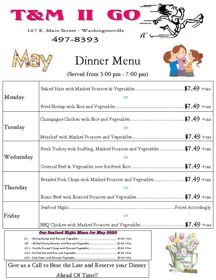 Menu at T & M II Go restaurant, Washingtonville