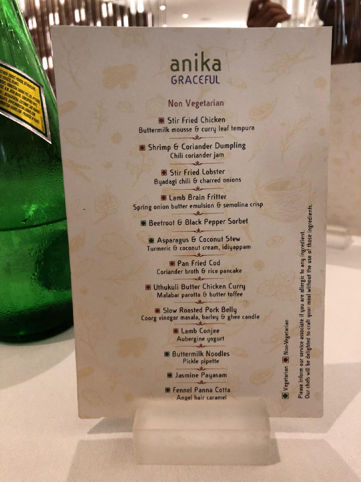 Menu at Avartana, Chennai
