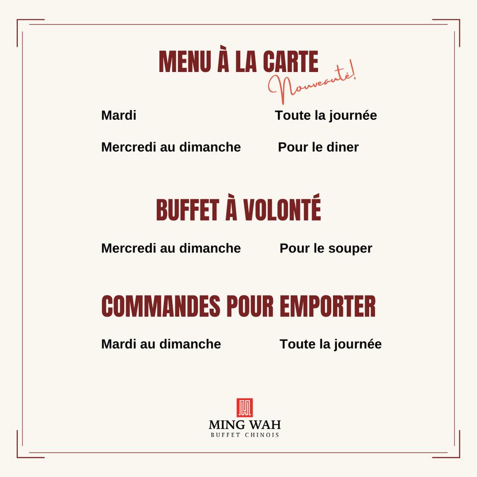 Menu au Buffet Chinois Ming Wah restaurant, Saint-Jérôme