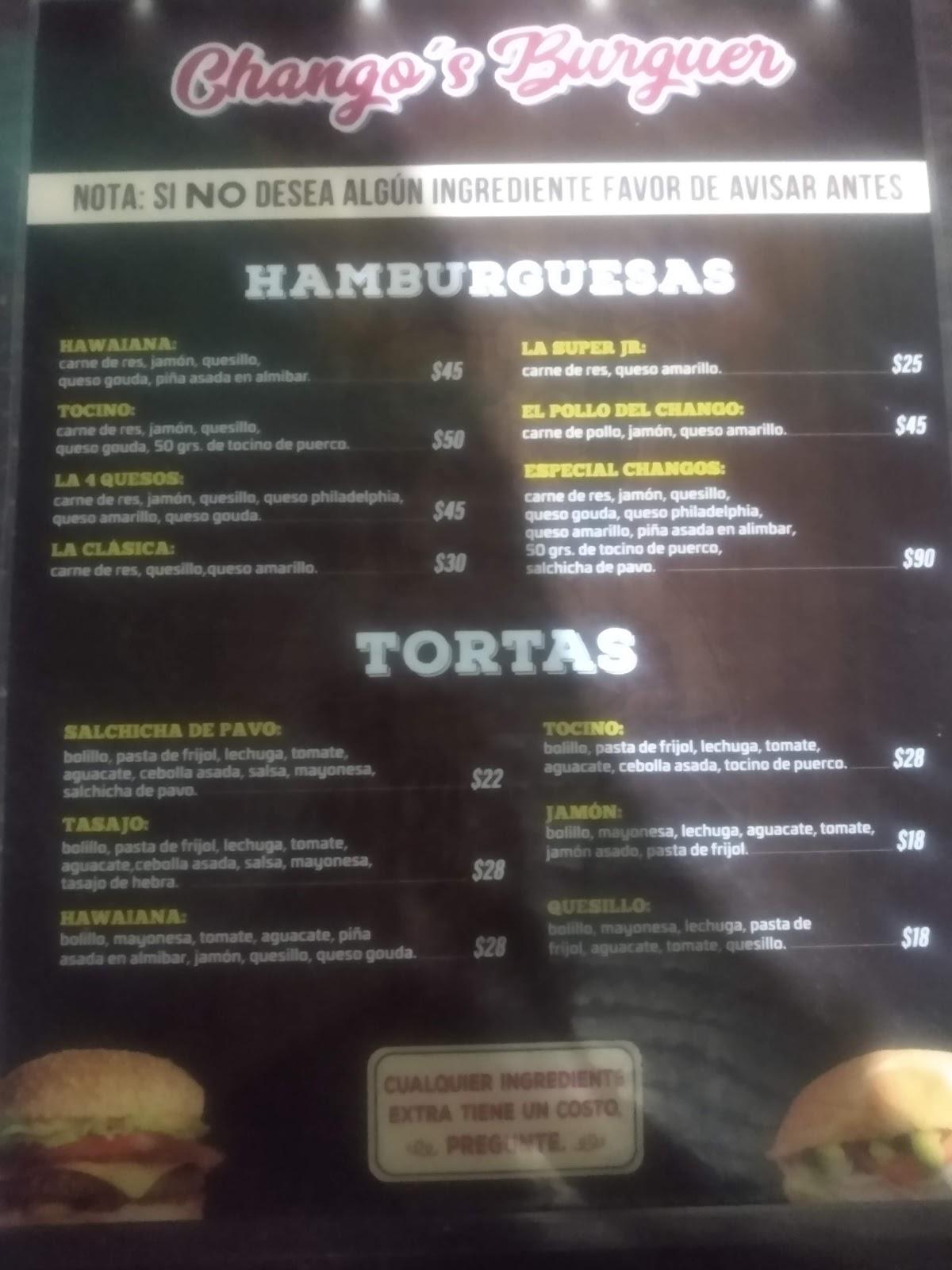 Menu at Changos's Burguer's restaurant, San Antonio de la Cal